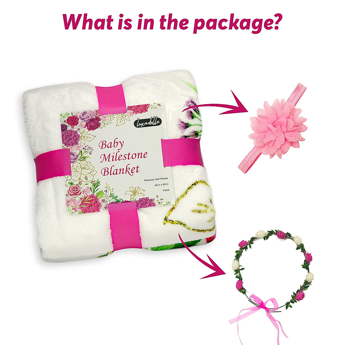 Baby Monthly Milestone Blanket Girl - Extra Soft, Large (60"X40") Thick Fleece - Baby Growth Chart Blanket - Baby Age Blanket for Photos - Baby Month Blanket Girls -Includes Headband and Floral Wreath