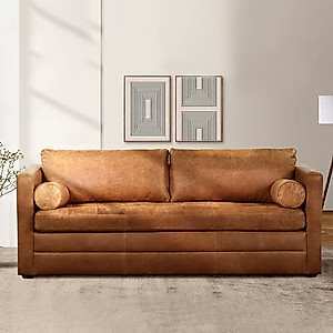 POLY & BARK Napa 82" Pull-Out Convertible Sleeper Sofa in Full-Grain Pure-Aniline Italian Leather, Cognac Tan