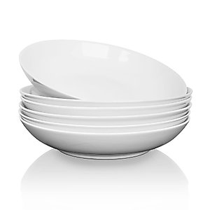 ALLUSEIT Pasta Bowls, 6pcs/40oz Bone Porcelain Bowls Set for Soup and Salad, White Ceramic Serving Bowls and Plate for Kitchen, Wide & Shallow, Microwave & Dishwasher Safe, Φ9inch
