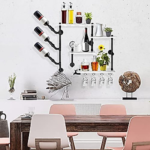 Rocomoco Wall Bar Shelves Industrial Pipe Shelving with 4 Stem Glass Holder, 4-Tiers Wine Rack Wall Mounted 42 Inch Rustic Floating Bar Shelves Wine Shelf Hanging Wood Shelves Glass Rack for Room