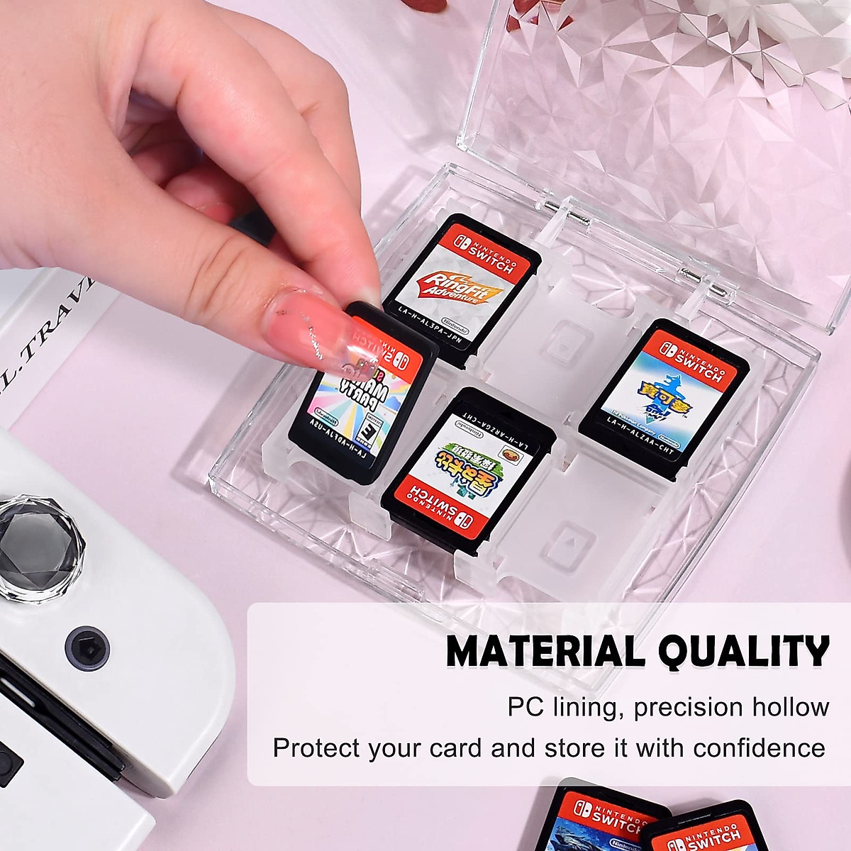 DLseego Clear Crystal Game Card Case For Regular Switch / Lite / OLED, 11 Slots Game Cards Holder 2 SD Card Slots, Sparkle Portable Game Card Storage Cartridge Box with 2PCS Diamond Thumb Grips