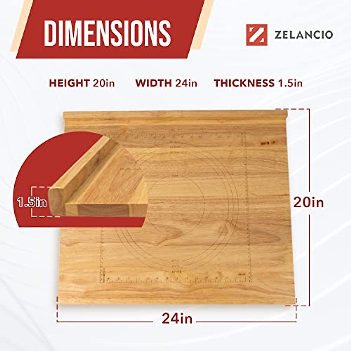 Zelancio Reversible Wooden Pastry Board - 24" x 20" Pastry Board with Engraved Ruler and Pie Board Template, Features Front and Back Counter Lip