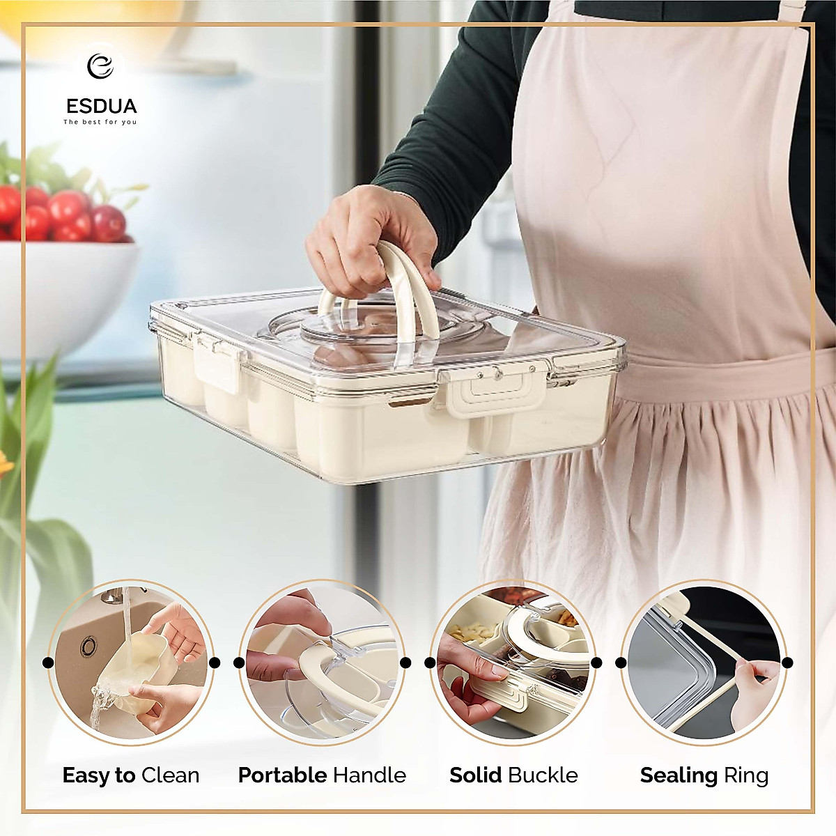 ESDUA Snackle Box Container, Divided Serving Tray with Lid and Handle Snack Box, Travel Charcuterie Board with Lid Candy Organizer, Snack Organizer Veggie Tray&Fruit Tray (1 Pcs - 8 Compartments)