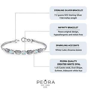 PEORA Created White Fire Opal Infinity Bracelet for Women 925 Sterling Silver, 1.25 Carats total, Oval Shape 6x4mm, 7.50 inch length