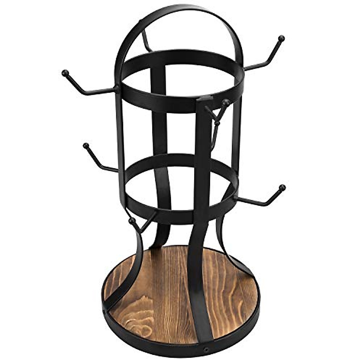 MyGift Rustic Black Metal Coffee Mug Rack with Burnt Wood Base and 8 Hooks