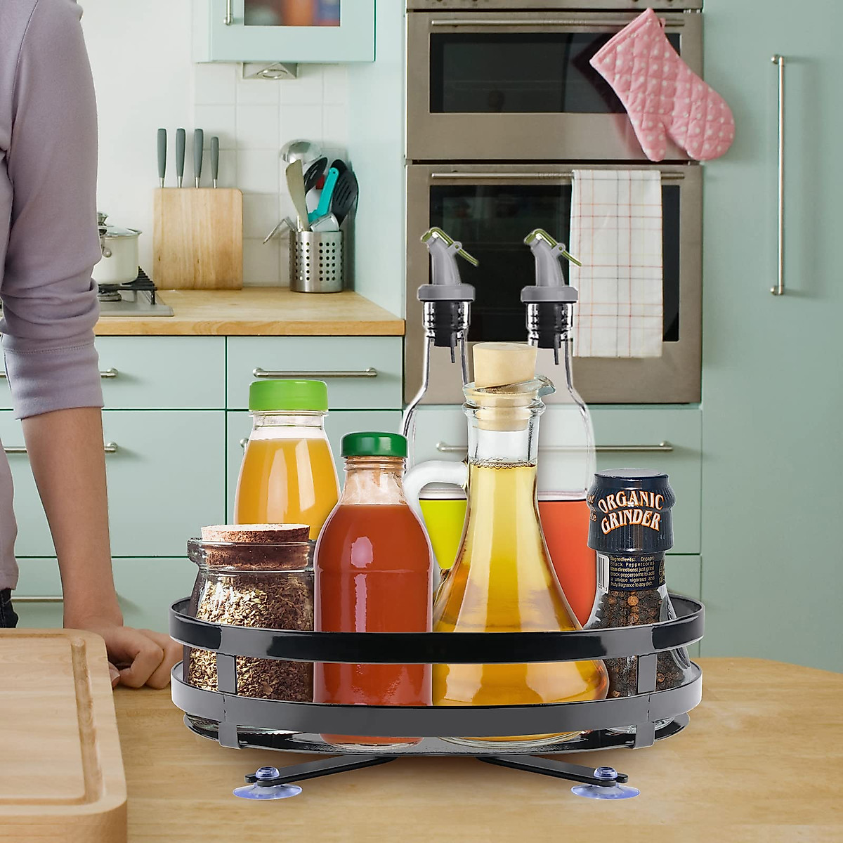 9" Square Steel Lazy Susan Rotating Turntable Food Storage Container Tray for Kitchen Cabinet Pantry Fridge Cupboards Counter Organizing, Fully Rotating Organizer for Spices, Condiments, Makeup