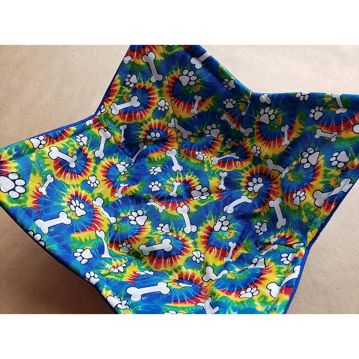 Tie Dye Dog Bone Paw Print Microwave Bowl Cozy Hippie Puppy Reversible Microwaveable Potholder Bowl Buddy BoHo Bohemian Puppy Kitchen Linens Handmade Housewarming Hostess Gifts Under 10