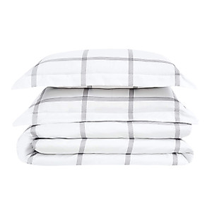 Truly Soft Everyday King 3-Piece Microfiber Duvet Cover + Sham Set - Printed Windowpane Collection - White/Grey
