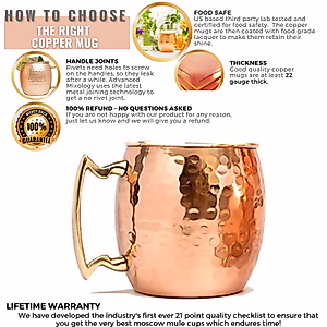 Kitchen Science [Gift Set] Moscow Mule Copper Mugs Set of 6 (16oz) w/Straws & Jigger | 100% Pure Copper Cups, Tarnish-Resistant Food Grade Lacquered Finish, Ergonomic Handle (No Rivet) w/Solid Grip