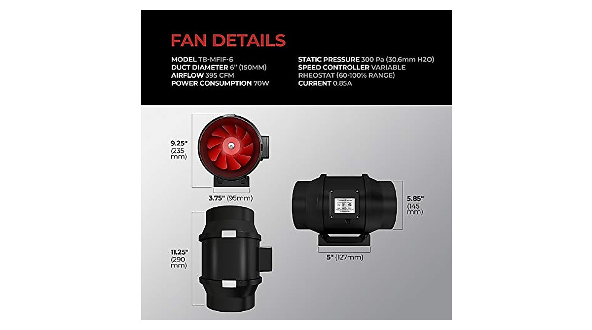 TerraBloom 6 Inch Inline Fan - 395 CFM for Grow Tents & Odor Control