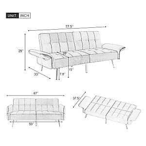 LOPOO 78" Italian Velvet Convertible Futon Sofa Bed, Modern Sleeper Loveseat Couch with Adjustable Armrests, Storage Bags, Gold Stainless Steel Feet, Tufted Back, Foam-Filled, Solid Wood Frame, Green