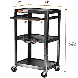 Steel AV Cart on Wheels - Rolling Projector Cart with Height Adjustable Shelf, Pullout Keyboard Tray, Power Strip, and Cord Management - Holds 300 lbs and Easy to Assemble (24'' x 18'' x 41'')