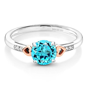 Gem Stone King 925 Sterling Silver and 10K Rose Gold Round Swiss Blue Topaz with Diamond Accent Engagement Ring For Women (1.41 Cttw, Gemstone Birthstone, Available In Size 5, 6, 7, 8, 9)