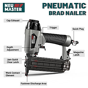 NEU MASTER Pneumatic Brad Nailer, 18 Gauge Nail Gun Fires 5/8-Inch to 2-Inch Brad Nails with Carrying Case, Safety Glasses, 800pcs Nails