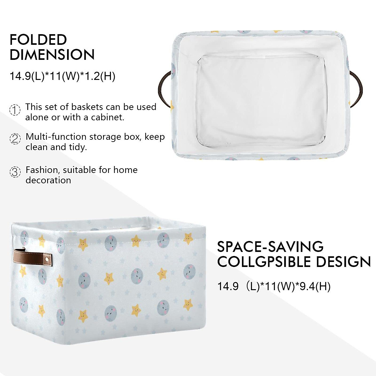 KEEPREAL Cute Moon Stars Storage Basket Bin, Large Cube Storage Box Canvas Collapsible Storage Organizer for Home Office Closet - 15 L x 11 W x 9.5 H