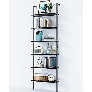 ODK 6-Tier Ladder Shelf, 87 Inches Wall Mounted Ladder Bookshelf with Metal Frame, Open Industrial Shelves for Home Office, Bedroom and Living Room, Black