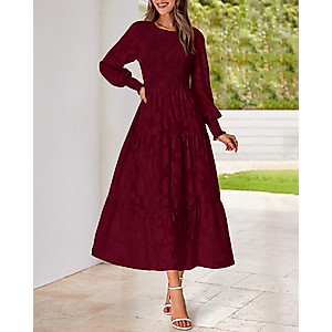 BTFBM Casual Women's 2025 Fall Dresses Elegant Wedding Guest Dress Long Sleeve Floral Midi Dress Flowy Bohemian Long Dress(Wine Red,Large)