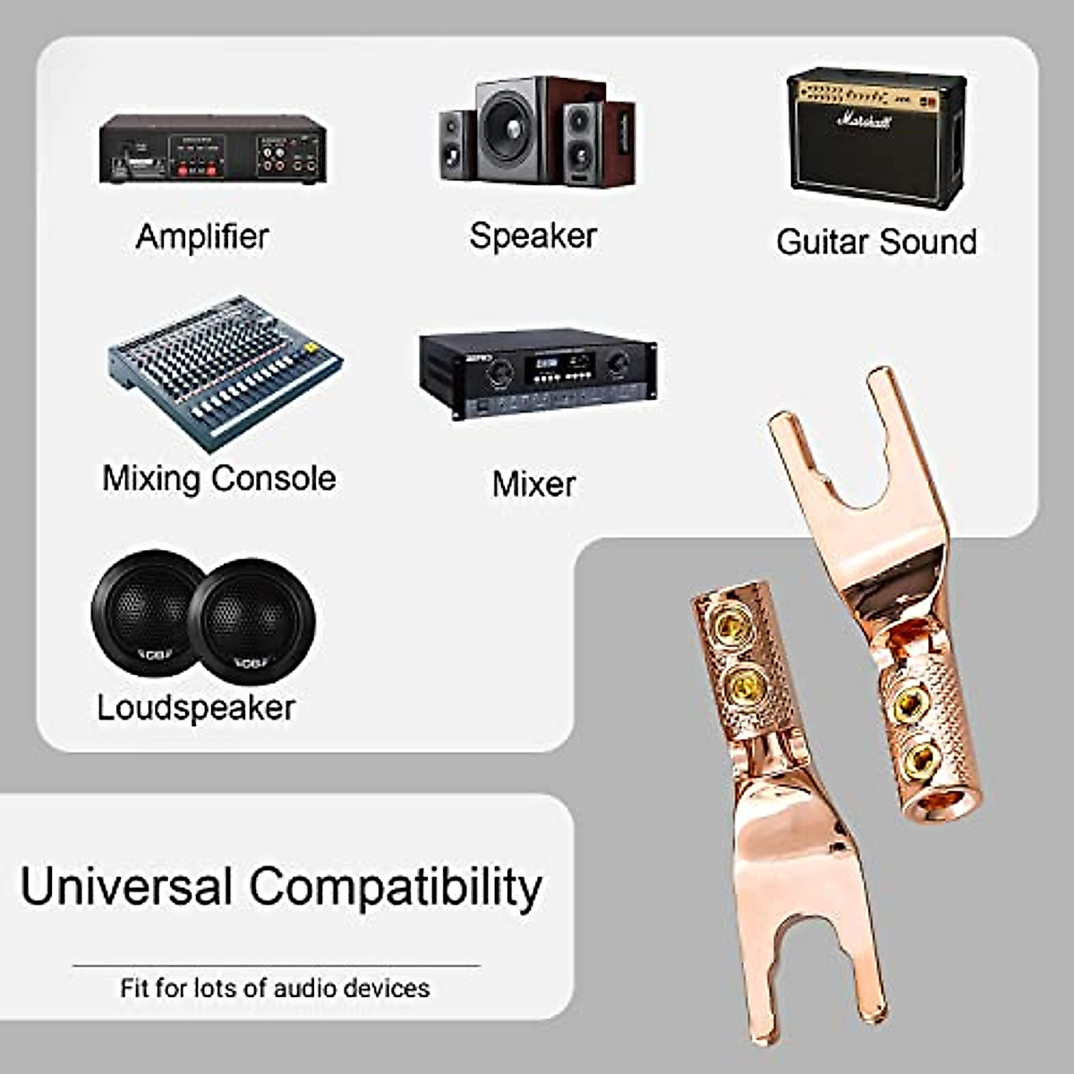 Speaker Spade Plug Connectors, Screw Locking Speaker Wire Connector with Allen Wrench+Heat Shrink Tubing, Fork Y Spade Lugs 45 Degree for Speaker Wire DIY 4PCS (Pure Copper Knurled Style)