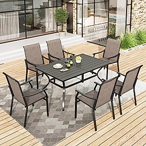 HERA'S HOUSE Outdoor Dining Set 7 Piece Patio Dining Sets, 6 Brown Textilene Chairs and 1 Rectangular Metal Dining Table, Patio Furniture Set for Deck Backyard Lawn Garden Porch