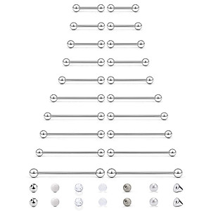 Prjndjw Mix Sizes Industrial Barbell Cartilage Earring Tongue Helix Nipple Barbell Surgical Steel Body Piercing Jewelry Retainer for Women Men Straight Bar Length 12-40mm