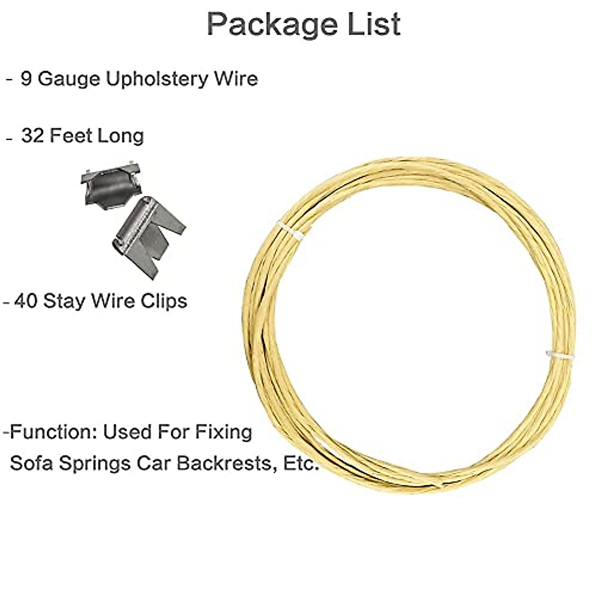 YLM1991 Upholstery Stay Wire for Sofa Furniture Springs, 9 Gauge with 40 Clips (10M/32ft)