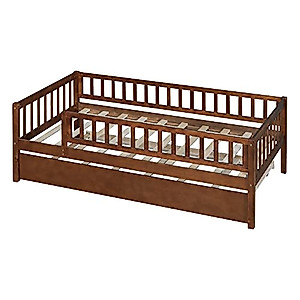 DEINPPA Twin Bed with Trundle, Kids Daybed Trundle Bed, Wooden Bed Frame with Fence Guardrails for Kids Children Toddlers Boys Girls-Walnut