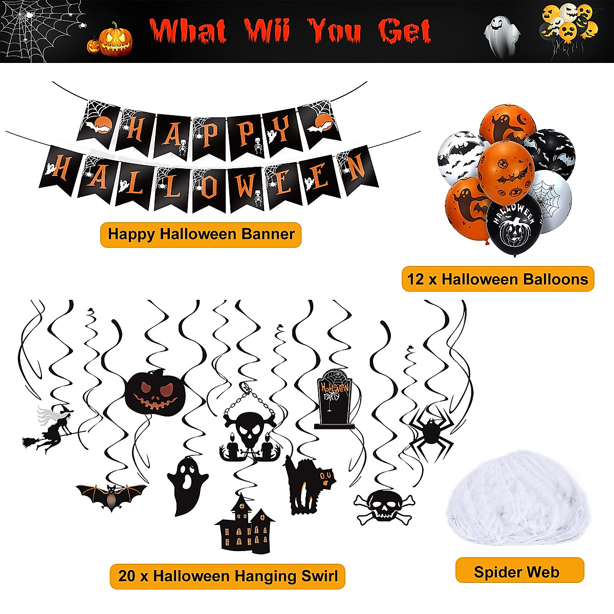 Halloween Party Hanging Decorations Kit- Halloween Hanging Swirl, Halloween Banner, Halloween Balloons with Halloween Spider Web Stretchable Cobweb for Halloween Indoor Outdoor Decoration