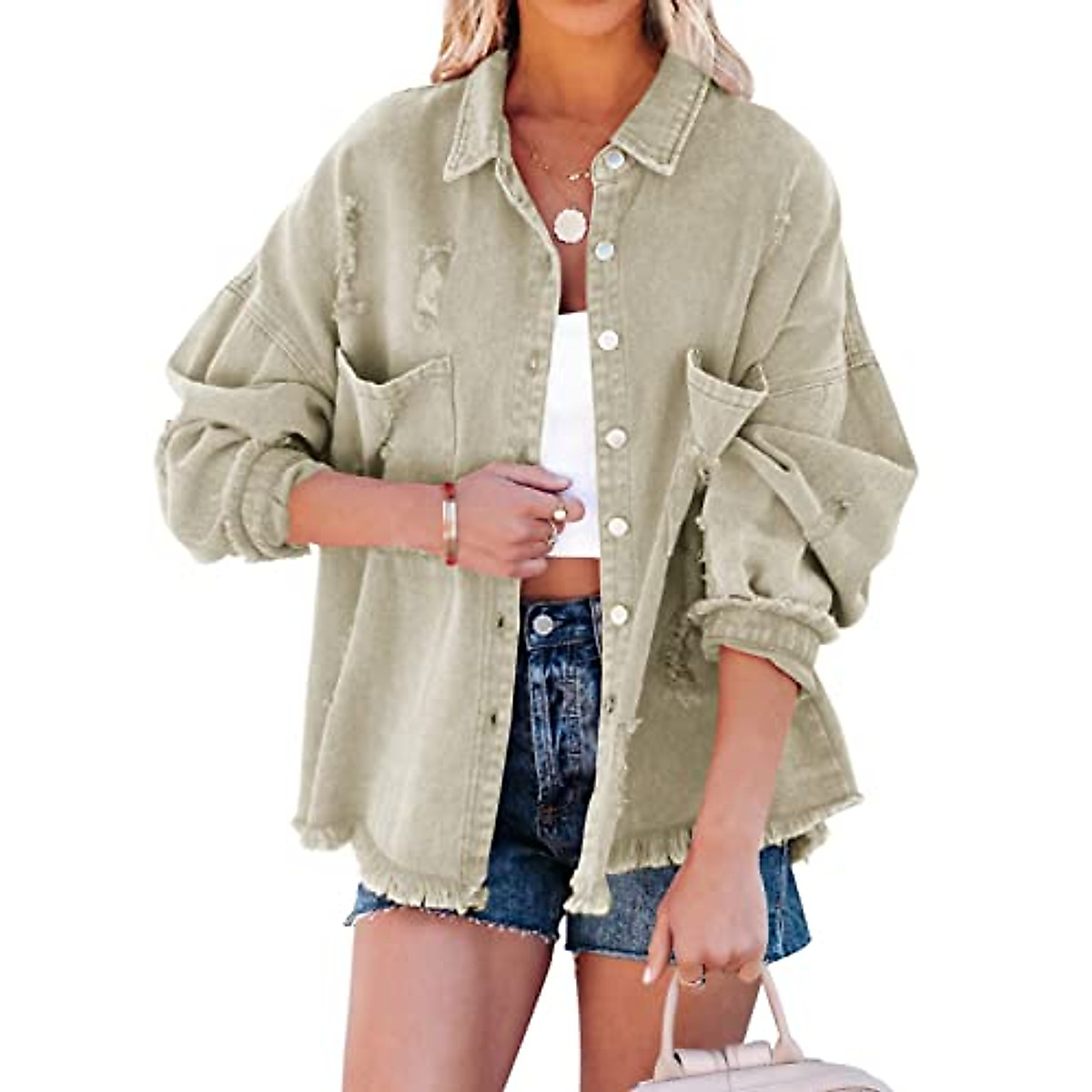 Necooer Women's Washed Denim Jacket Casual Long Boyfriend Distressed Vintage army green Jean Jacket Autumn Spring (Medium,C-ArmyGreen)