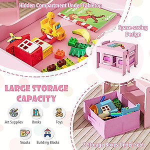 KOTEK Kids Wood Table and 2 Chairs Set with Blackboard & Storage Drawers, Children Multi Activity Table for Learning, Playing, Drawing, 3-in-1 Toddler Art Crafts Desk and Chairs Set (Pink)