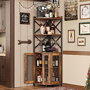 JKsmart Corner Bar Cabinet with LED Lights, 5-Tier Industrial Wine Bar Cabinet with Glass Holder, Farmhouse Liquor Cabinet with Shelf and Door, Home Bar for Coffee Bar Cabinet, Rustic Brown