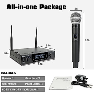 happymusic Professional UHF 2 Channel Wireless Microphone System, Cordless Handheld Mic Set, 150ft Range Perfect for DJ, Church, Wedding, Event, Gigs, Singing, Home Karaoke, Black (UK-38)