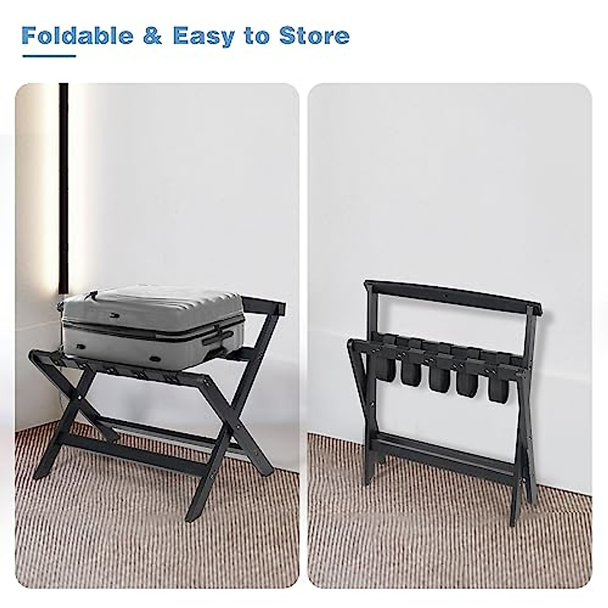ALAPUR Luggage Rack for Guest Room, Folding Luggage Holder with Storage Shelf , Suitcase Stand for Bedroom,Guest Room,Hotel，Black