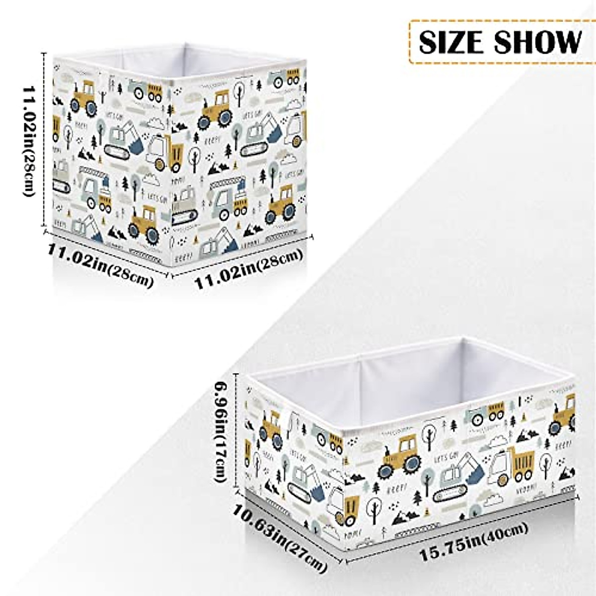 Ollabaky Truck Tractor Bulldozer Excavator Cars Cube Storage Bin, Foldable Fabric Storage Cube Basket Cloth Organizer Box with Handle for Closet Shelves, Nursery Storage Toy Bin - S