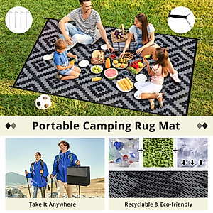 Outdoor Camping Rug Waterproof 6x9FT, Large Reversible Stain&UV Resistant Plastic Straw RV Rug for Outside Patio Pool Deck Beach Indoor, Area Carpet Mat with Portable Bag&4 Stakes-Black Grey Rhombus