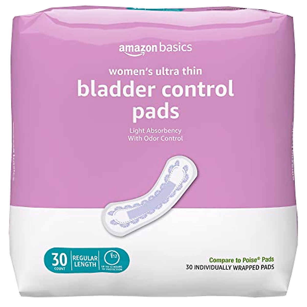 Amazon Basics Ultra Thin Incontinence, Bladder Control & Postpartum Pads for Women, Regular Length, Light Absorbency, 30 count, 1 Pack (Previously Solimo)