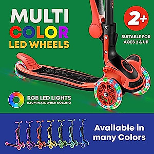 Kids Scooter – Foldable Seat – LED Wheel Lights Illuminate When Rolling – Children and Toddler 3 Wheel Kick Scooter – Adjustable Handlebar – Indoor and Outdoor- Red - by Lifemaster