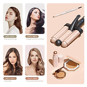 3 Barrel Curling Iron Wand, 1.25 Inch Ceramic Tourmaline Triple Barrels，Temperature Adjustable Portable Crimper Hair Iron for Beach Waves, Hair Waver Heats Up Quickly with LCD Temp Display（Rose Gold）