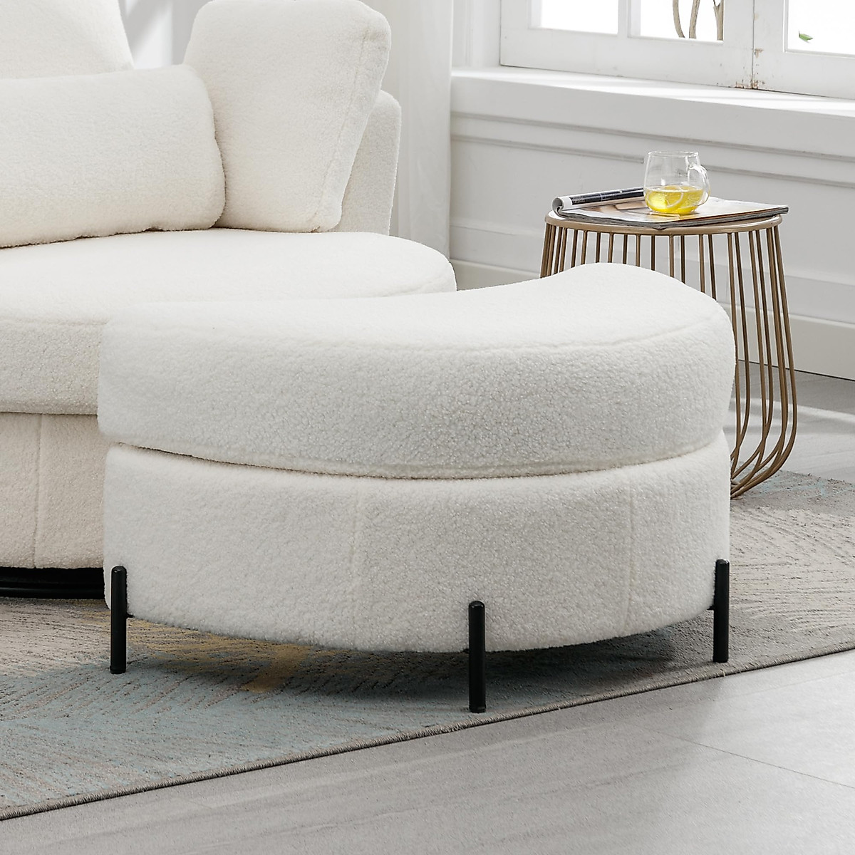 HomSof 32.7" W Sherpa Upholstered Half Crescent Moon Storage Bench Large Ottoman with Tray Serve As Side Table Soft Padded Seat Dressing Shoe Bench Foot Rest for Living Room,Entryway,Hallway (Ivory)
