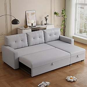 Acosure 82" Upholstered Pull Out Sofa Bed with Storage Chaise,Linen Reversible Couch W/Tufted Backrest,3 Seater Sectional Sleeper for Living Room Apartment Office,Light Gray