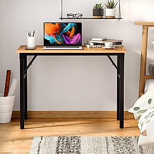Need Folding Desk for Home Office 39-3/8'' Length Modern Folding Table Computer Desk No Install Needed Teak Color Desktop Black Frame, AC5BB(10060)
