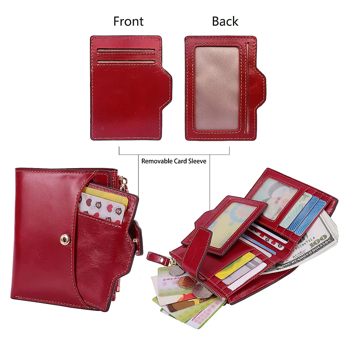 AINIMOER Women's RFID Blocking Leather Small Compact Bi-fold Zipper Pocket Wallet Card Case Purse with id Window (Waxed Red)