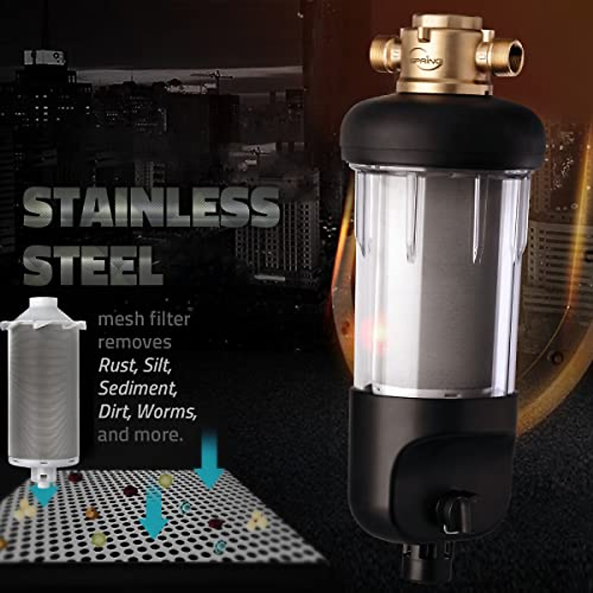 iSpring WSP500J Reusable Whole House Spin-Down Sediment Water Filter, Upgraded Jumbo Size, Large Capacity, 500-Micron Flushable Prefilter Filtration, 1" MNPT + 3/4" FNPT, Lead-Free Brass