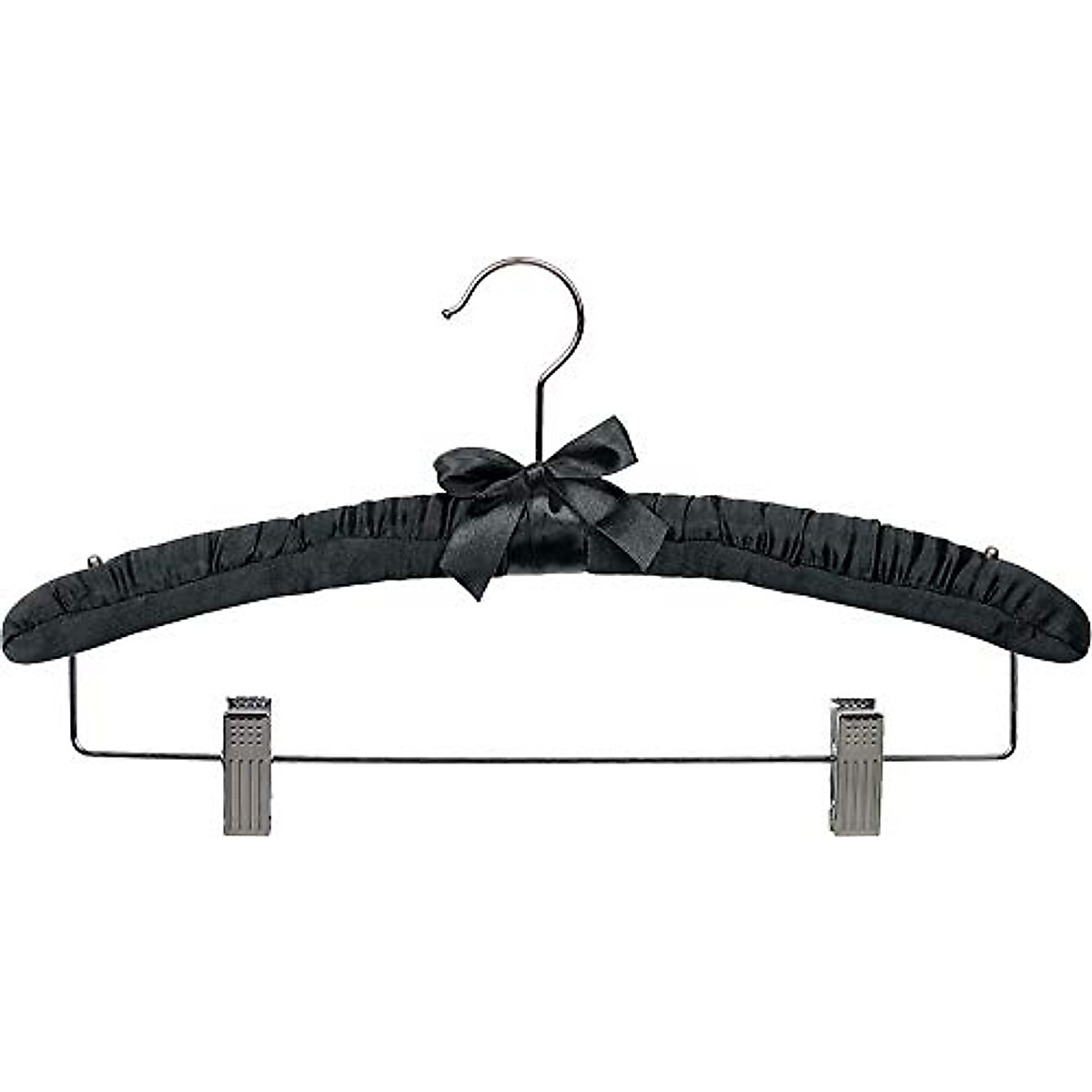 Black Satin Padded Combo Hanger with Clips in 16" Length X 1" Thick with Chrome Hardware, Box of 12