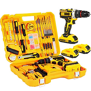 CANBRAKE 21V Tool Kit with Drill, 120PCS 21V Cordless Drill Set with 3/8" Keyless Chuck of Metal & 25+3 Clutch with Impact, 2 x 2.0Ah Battery & Fast Charger, Max Torque 45Nm, 2-Variable Speed