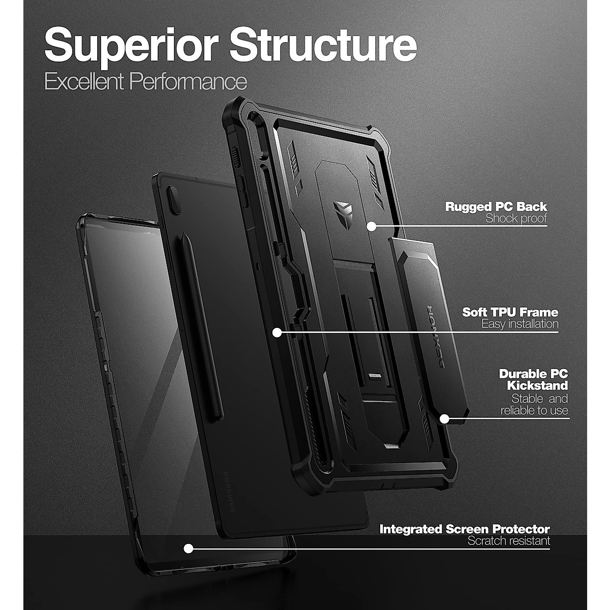 Dexnor Case for Galaxy Tab S7 FE 12.4 Inch (2021), [Built in Screen Protector & Kickstand] with Pen Holder Heavy Duty Shockproof Full Body Protective Cover for Galaxy S7 FE Case-Black