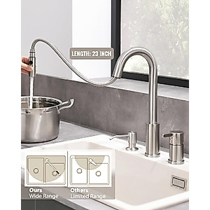 3 Hole Kitchen Faucet, Single Handle Stainless Steel Kitchen Faucets with Pull Down Sprayer, 2 Hole Widespread Kitchen Sink Faucet with Soap Dispenser, Brushed Nickel KMF025L