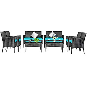 Tangkula 8 Piece Patio Furniture Set, Outdoor Wicker Conversation Set with Tempered Glass Coffee Table, Rattan Loveseat & Chairs Set with Seat Cushions for Backyard, Garden, Poolside (2, Turquoise)