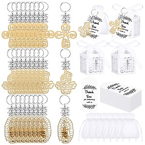 Ecally 120 Pcs Baptism Key Ring Recuerdos De Bautizo Para Cross Wooden Keychain Baptism Favor Boxes Organza Bags Thank You Tags for First Communion Baptism Party Gift, 30 Sets(White)