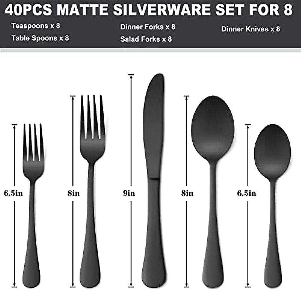 Homikit 40-Piece Matte Black Silverware Set, Stainless Steel Flatware Cutlery Set for 8, Modern Eating Utensils Include Knives Forks Spoons, Fancy Tableware for Home Restaurant Party, Dishwasher Safe