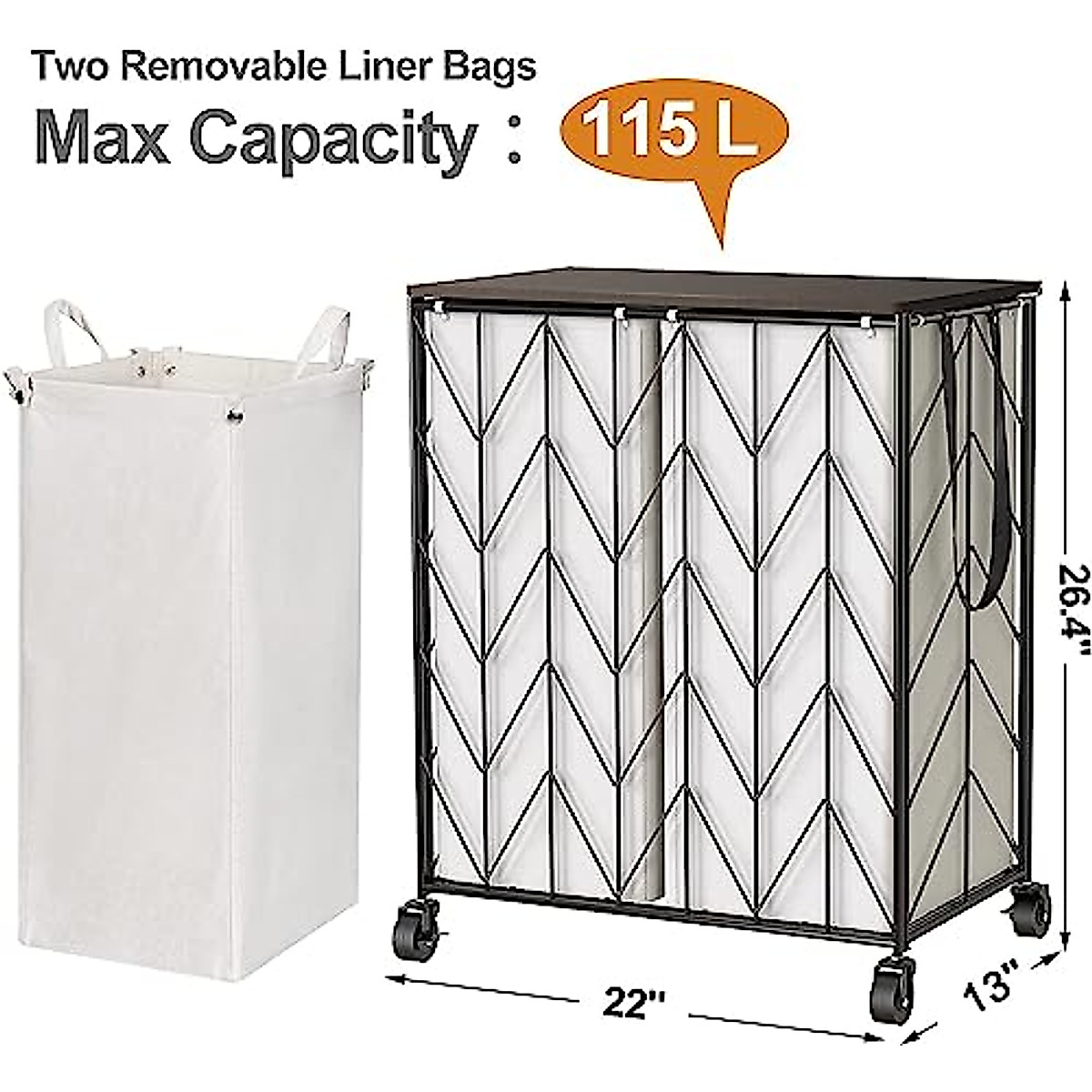WOWLIVE Laundry Basket with Wheels, Heavy Duty Laundry Hamper with Wood Lid, Clothes Hamper with Divided Removable Liner Bag, Large Capacity Iron-Made Laundry Sorter Laundry Room Organization (Beige)